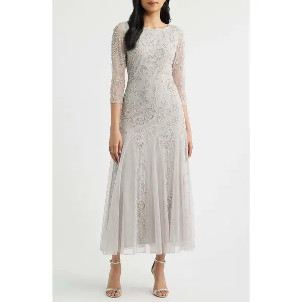 Pisarro Nights Beaded Tulle A-line Gown - Silver