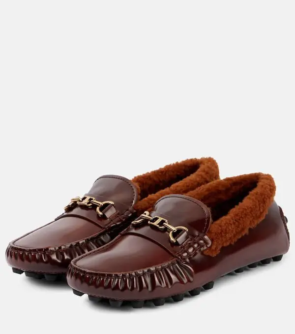 TOD'S Shearling-trimmed Leather Loafers - Brown