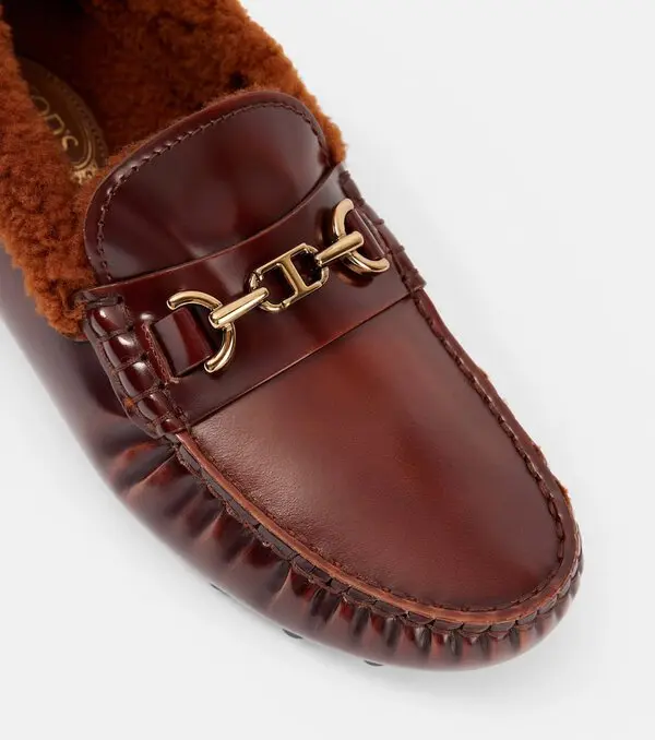 TOD'S Shearling-trimmed Leather Loafers - Brown