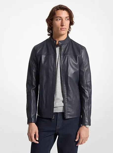 Michael Kors Leather Racer Jacket Blue Editorialist