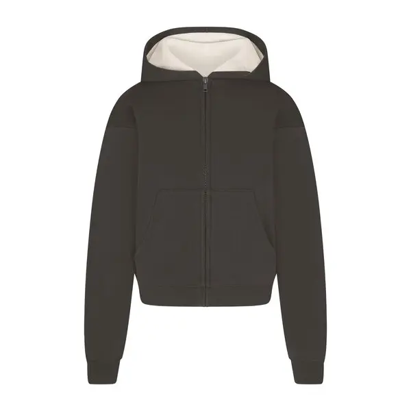 Skims Cotton Fleece Waffle Lined Shrunken Zip Up Hoodie - Ash