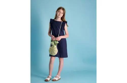 Busy Bees Grace Ruffle Sleeve Shift Dress - Navy Eyelet