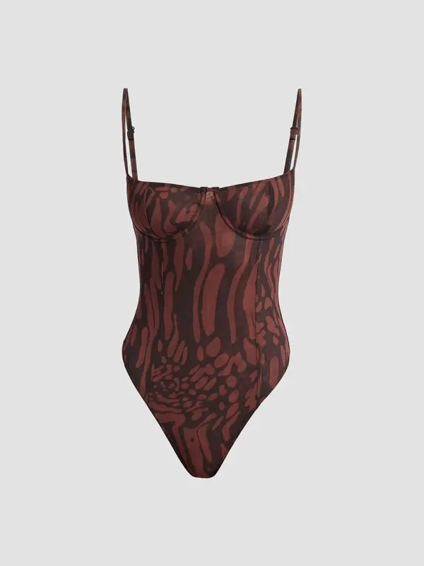 Good American Corset Demi Mesh Bodysuit - Java Warped Leopard