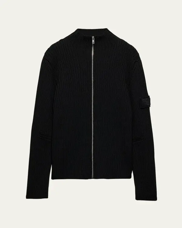 Prada Ribbed Virgin Wool Zip-up Sweater