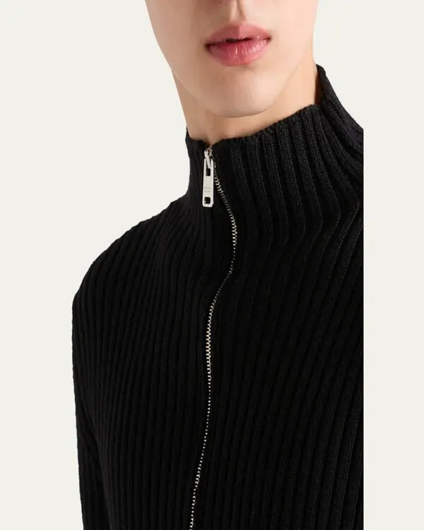 Prada Ribbed Virgin Wool Zip-up Sweater