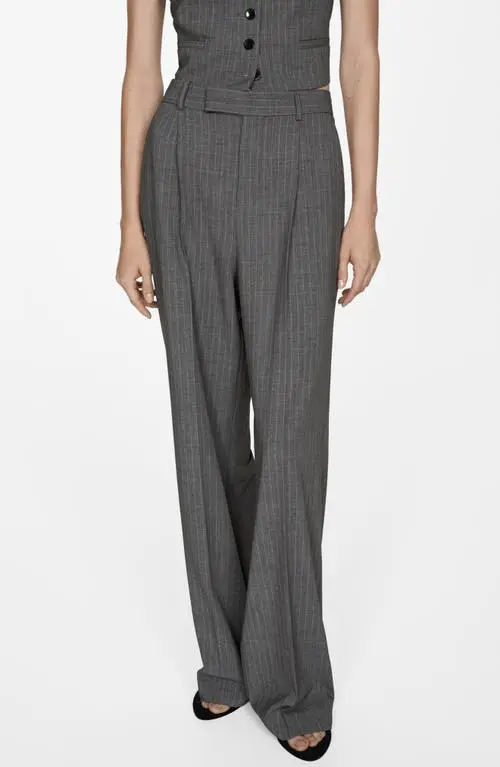 Mango Pinstripe Pleat Front Wide Leg Trousers - Grey