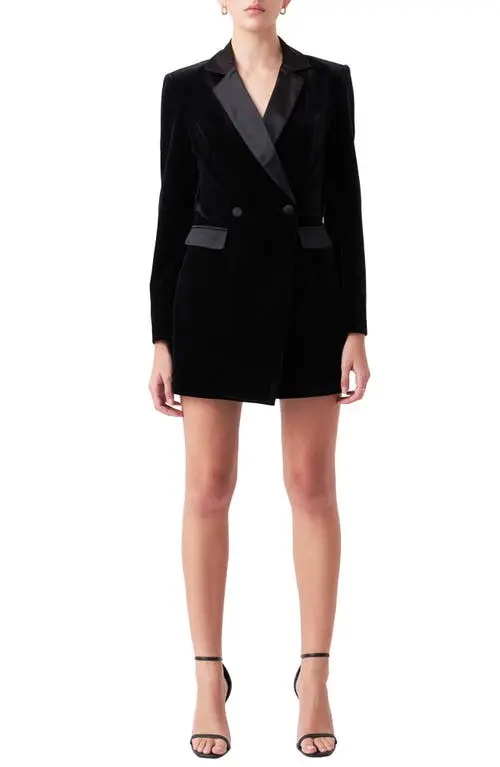 Endless Rose Long Sleeve Velvet Tuxedo Romper - Black