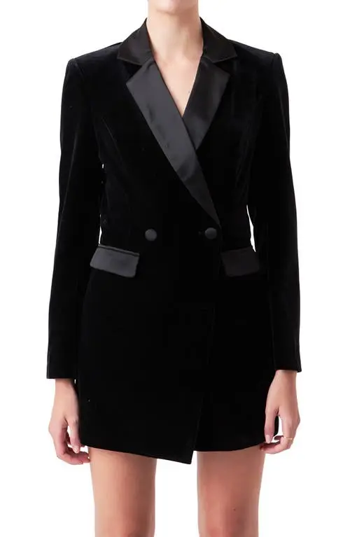 Endless Rose Long Sleeve Velvet Tuxedo Romper - Black