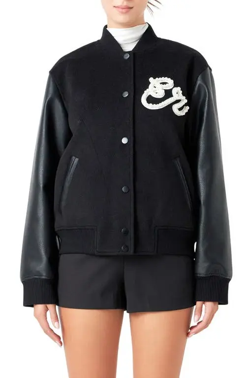 Endless Rose Imitation Pearl Detail Bomber Jacket Black