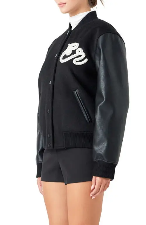 Endless Rose Imitation Pearl Detail Bomber Jacket