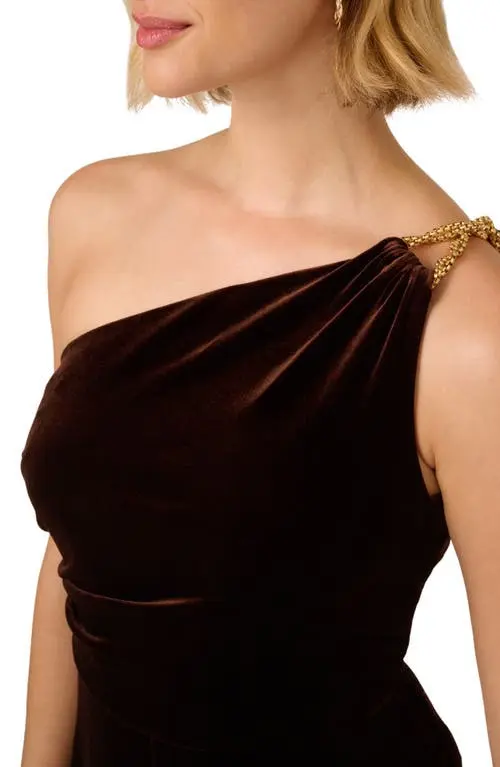 Adrianna Papell One-Shoulder Velvet Jumpsuit - Dark Brown | Editorialist