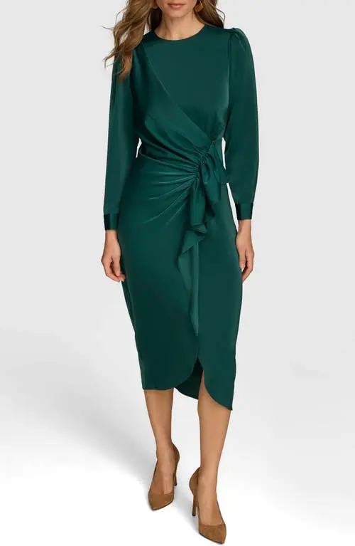 Donna Karan New York Cascade Ruffle Long Sleeve Satin Midi Dress In Spruce  - 40% Off | Editorialist