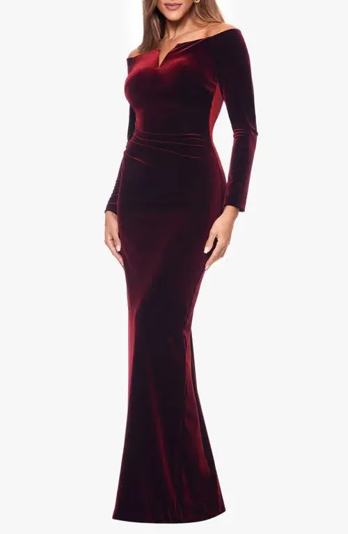 XSCAPE EVENINGS Off-the-shoulder Velvet Gown - Burgundy