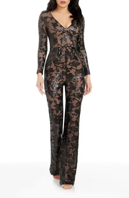 Dress The Population Carson Sequin Floral Jumpsuit - Black-nude