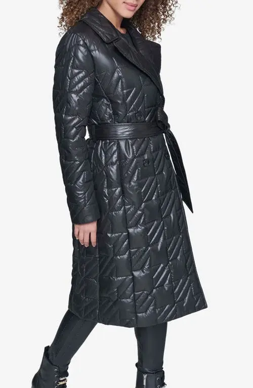 Karl Lagerfeld Paris Houndstooth Quilted Tie Belt Double Breasted Trench Coat