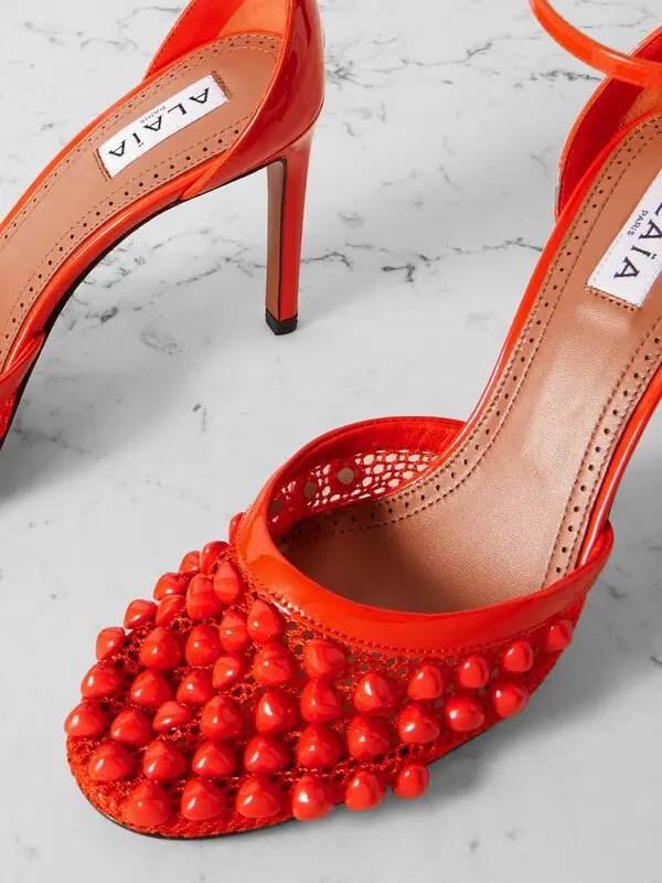 Alaïa 90 Embellished Fishnet And Patent-leather Pumps - Red