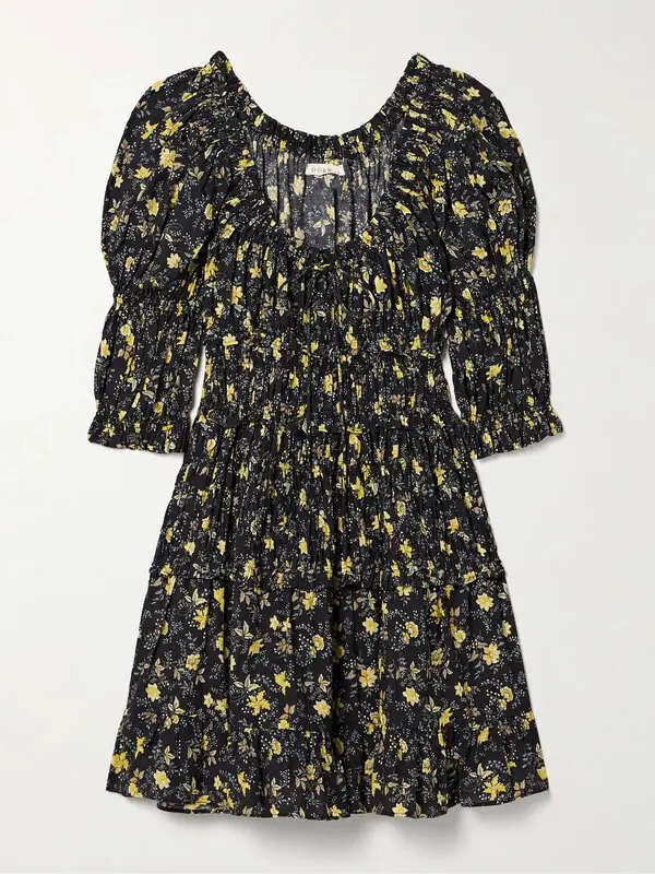 DEn Ismene Shirred Floral-Print Mini Dress In Black - 20% Off |  Editorialist
