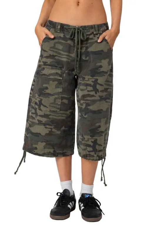 EDIKTED Camo Low Rise Cargo Bermuda Shorts - Olive
