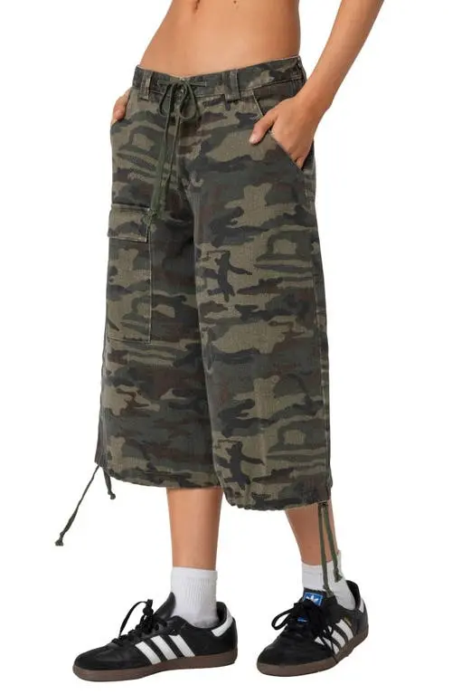 EDIKTED Camo Low Rise Cargo Bermuda Shorts - Olive