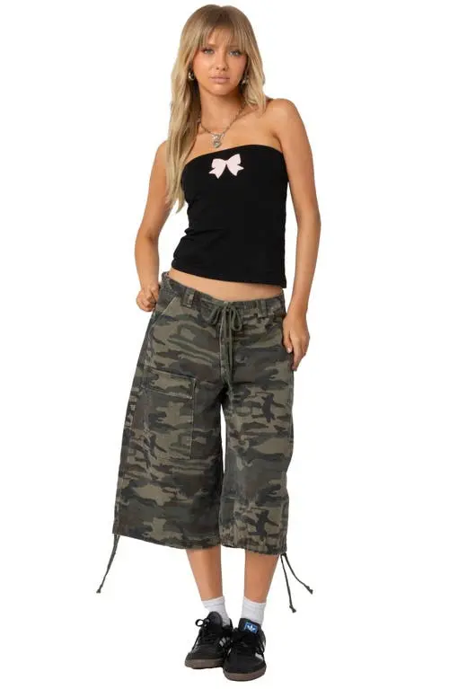 EDIKTED Camo Low Rise Cargo Bermuda Shorts - Olive