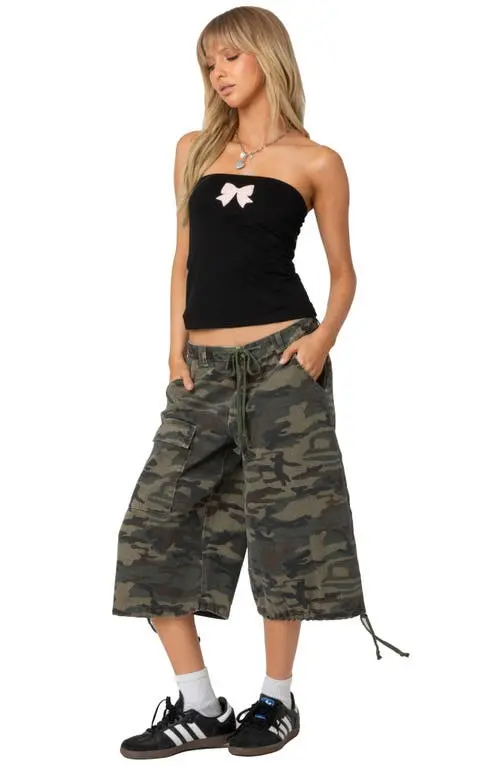 EDIKTED Camo Low Rise Cargo Bermuda Shorts - Olive