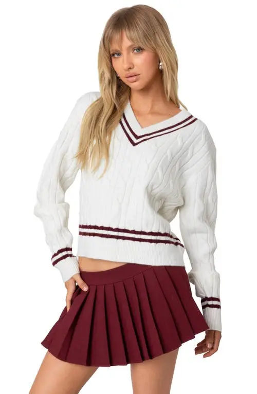 EDIKTED Dean Cable Knit Crop V-neck Sweater