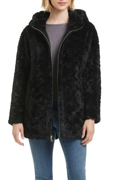 Sanctuary Textured Faux Fur Hooded Jacket - Black