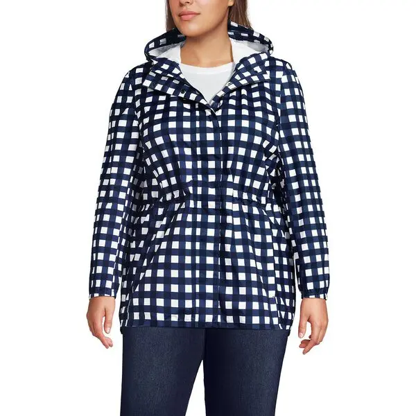 LANDS' END Squall Packable Waterproof Raincoat - Deep Sea Gingham