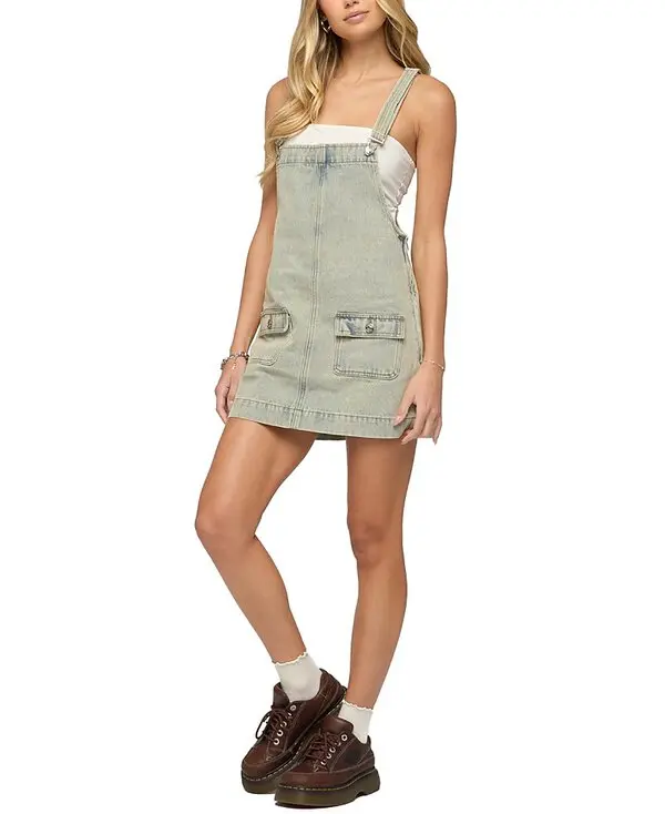EDIKTED Overall Denim Mini Dress - Blue-vintage-washed