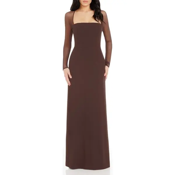 Dress The Population Maxwell Square Neck Long Sleeve Gown - Mocha