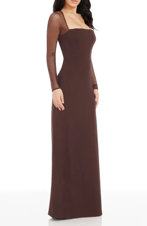 Dress The Population Maxwell Square Neck Long Sleeve Gown - Mocha