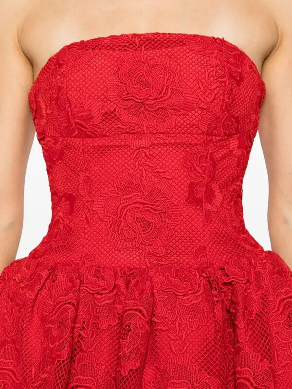 Self-Portrait Bandeau-Style Lace Midi Dress In Red - 34% Off | Editorialist