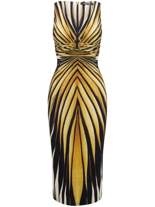 Roberto Cavalli Graphic Print Midi Dress - Gold