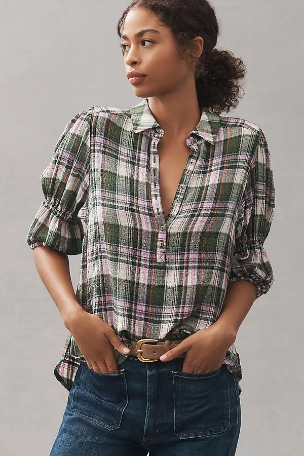 PILCRO Tallulah Puff-sleeve Plaid Buttondown Top