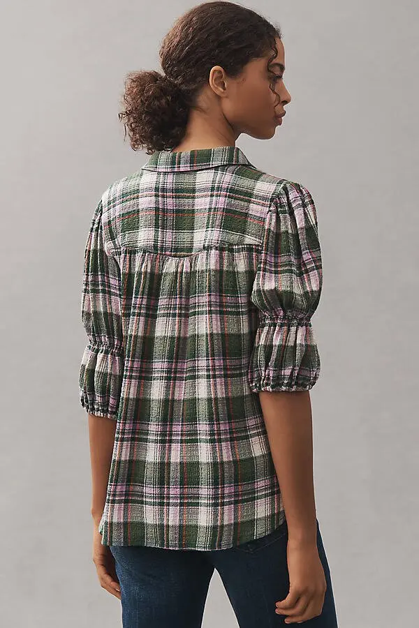 PILCRO Tallulah Puff-sleeve Plaid Buttondown Top