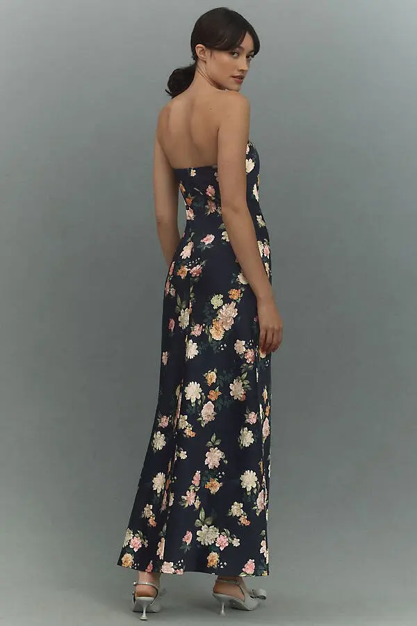 Bhldn Mia Strapless Side-Slit Sat Column Maxi Dress - Blue | Editorialist