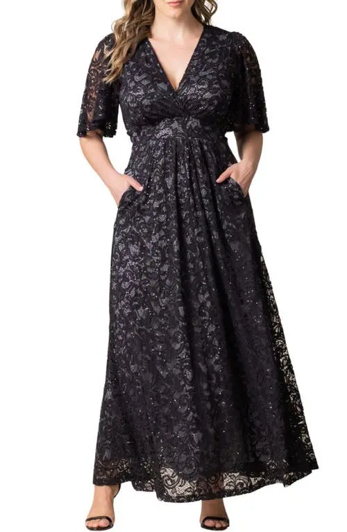 KIYONNA Luminous Sequin Lace A-line Gown - Storm Grey