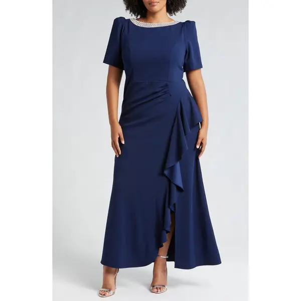 Alex Evenings Embellished Ruffle Gown - Navy