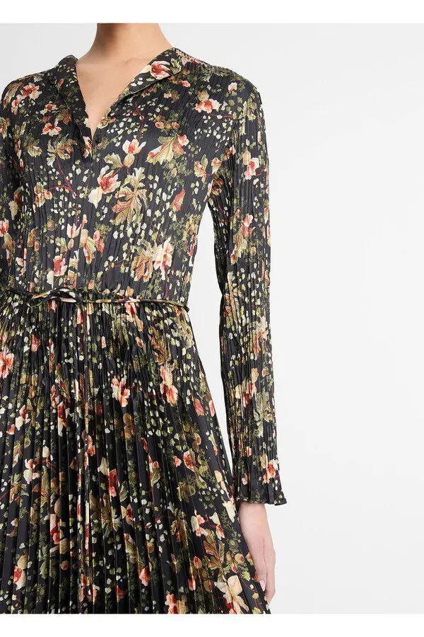 vince pleated satin long sleeve dress Vince Orchid Vine Floral Print Pleated Satin Long Sleeve Dress Size XXS  $595 NWT