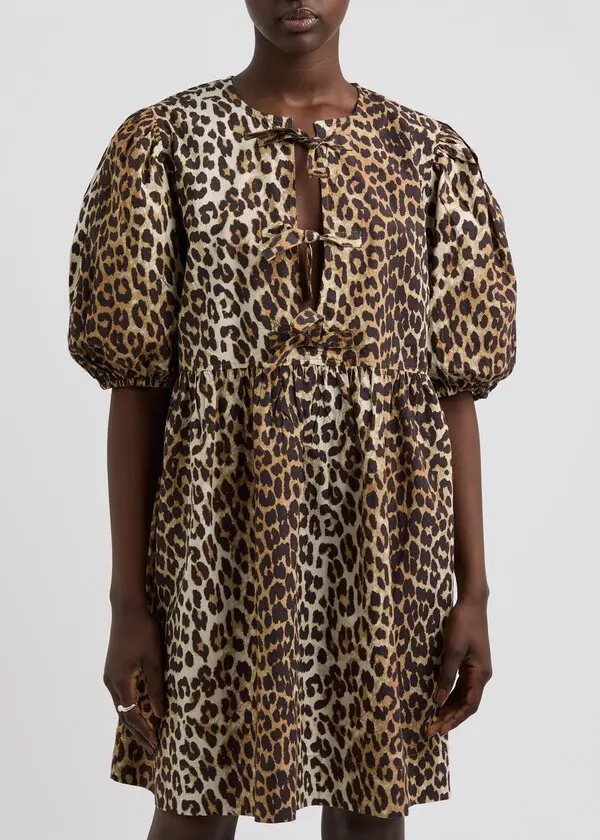 GANNI Printed Cotton-poplin Mini Dress - Leopard