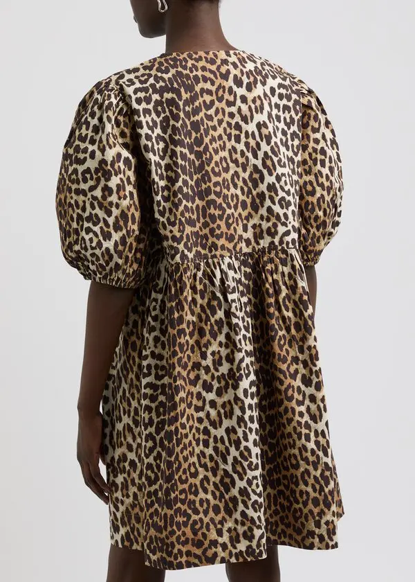 GANNI Printed Cotton-poplin Mini Dress - Leopard