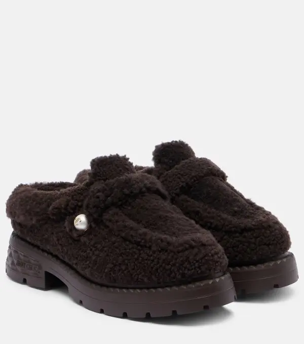 JIMMY CHOO Shea Shearling Platform Mules - Brown