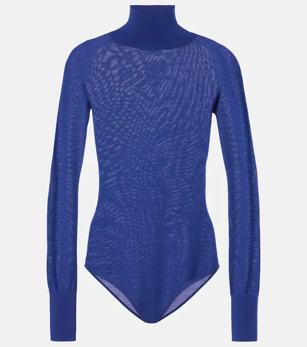 Alaïa Sheer Turtleneck Wool Bodysuit - Blue