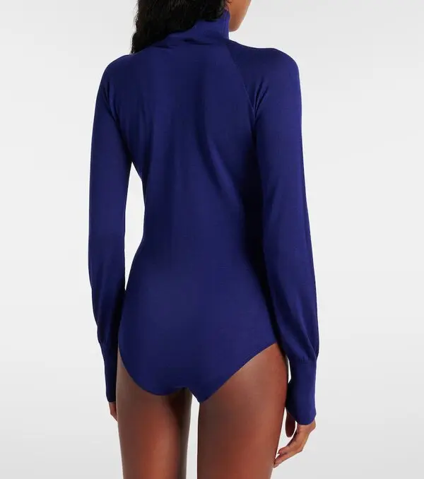 Alaïa Sheer Turtleneck Wool Bodysuit - Blue