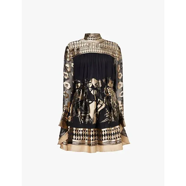 Zimmermann Otto High-Neck Batwing-Sleeve Woven Mini Dress - Black/Tea |  Editorialist