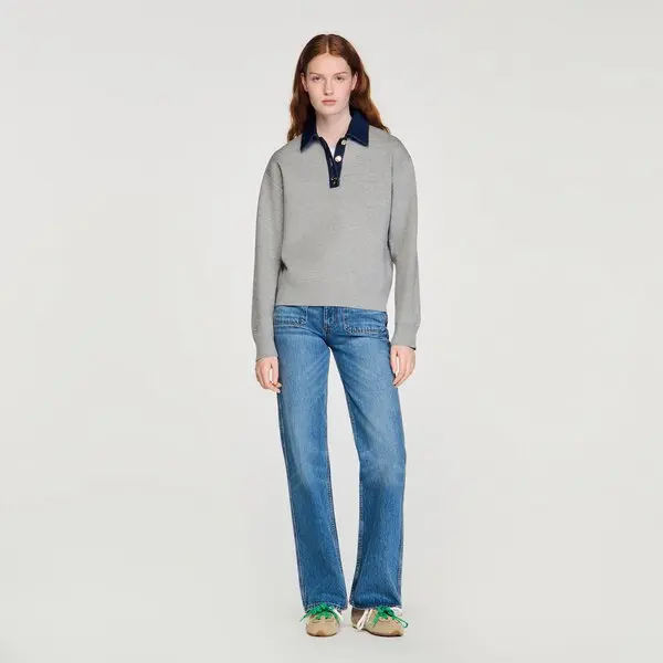 Sandro Knit Sweater With Denim Collar - Grey
