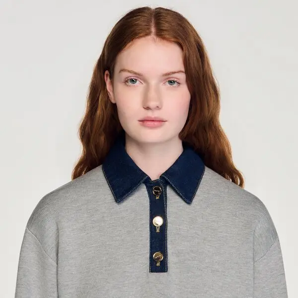 Sandro Knit Sweater With Denim Collar - Grey