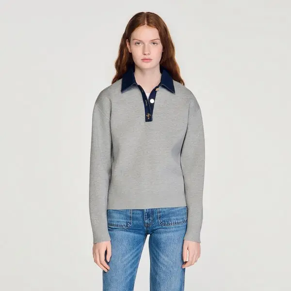 Sandro Knit Sweater With Denim Collar - Grey