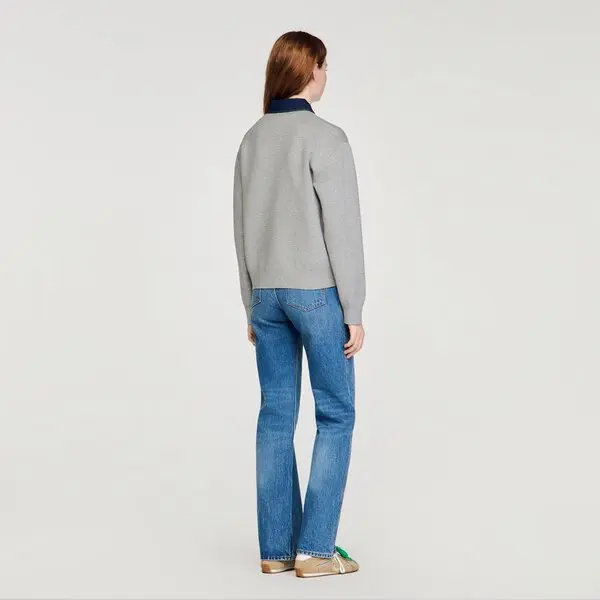 Sandro Knit Sweater With Denim Collar - Grey