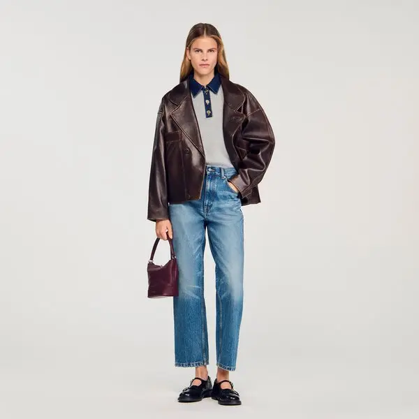 Sandro Knit Sweater With Denim Collar - Grey